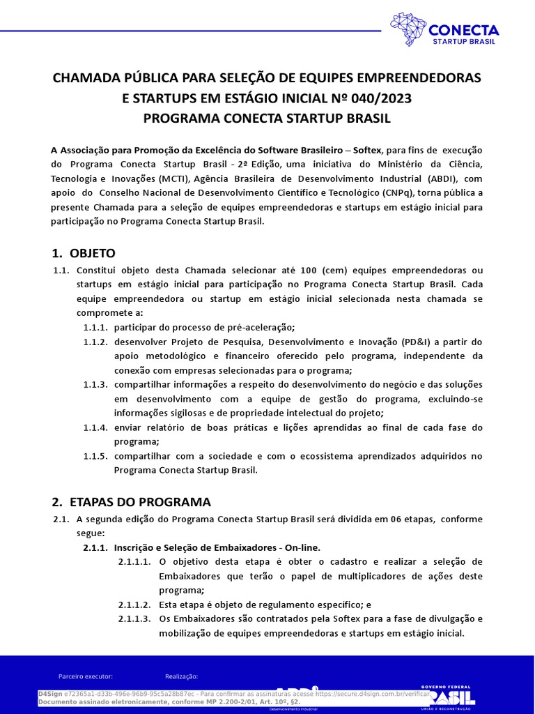 Chamada para Equipes Empreendedoras e Startups 2023 Conecta Startup Brasil 2a Edicao 1 1 | PDF ...