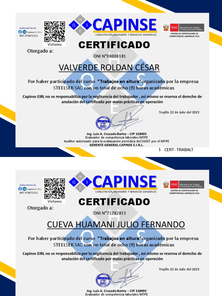 Certificado - Altura - Torre Segundino | PDF