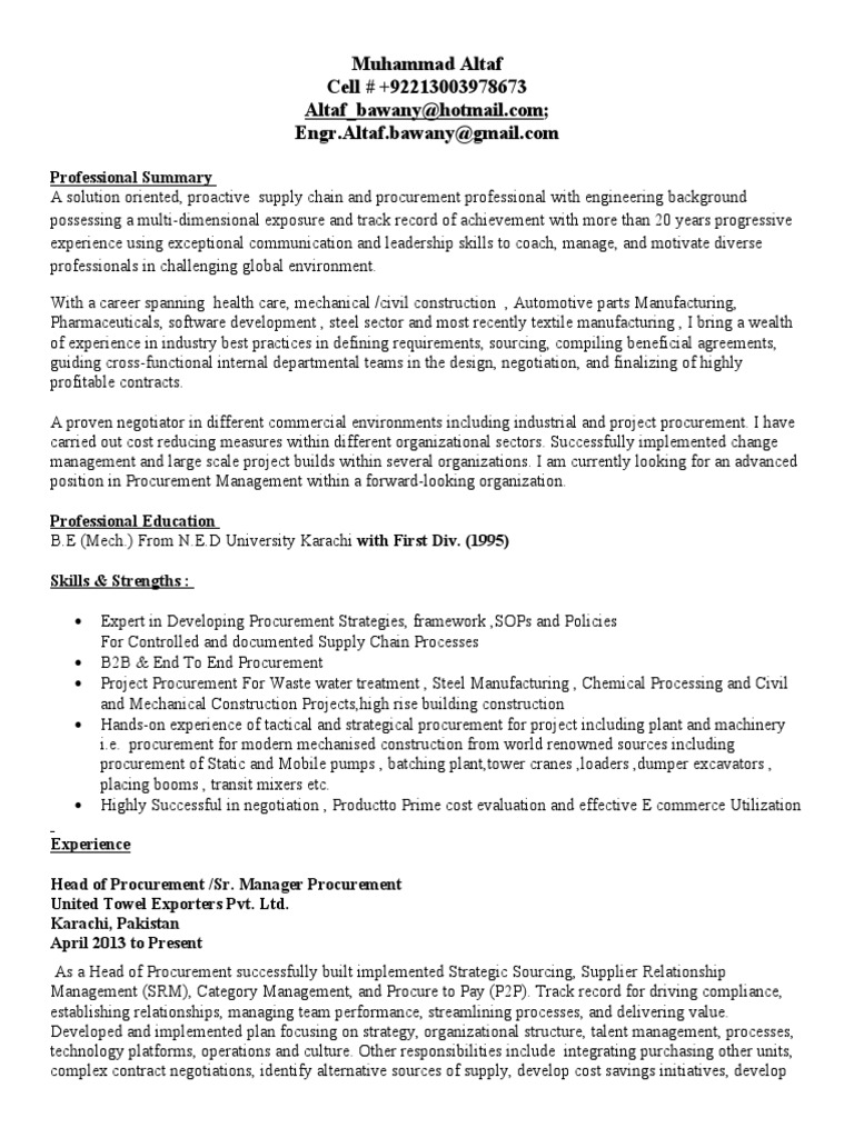 Muhammad Altaf Latest CV | Download Free PDF | Procurement | Supply Chain