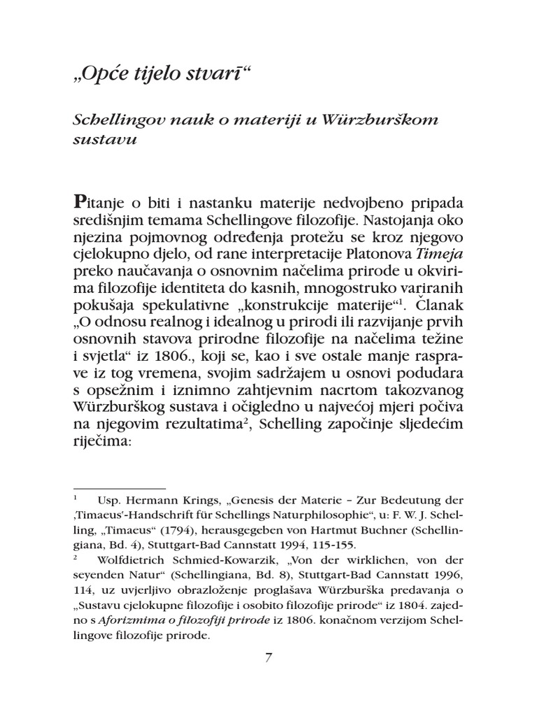 Opce Tijelo Stvari Schellingov Nauk o Materiji U Wurzburskom Sustavu | PDF