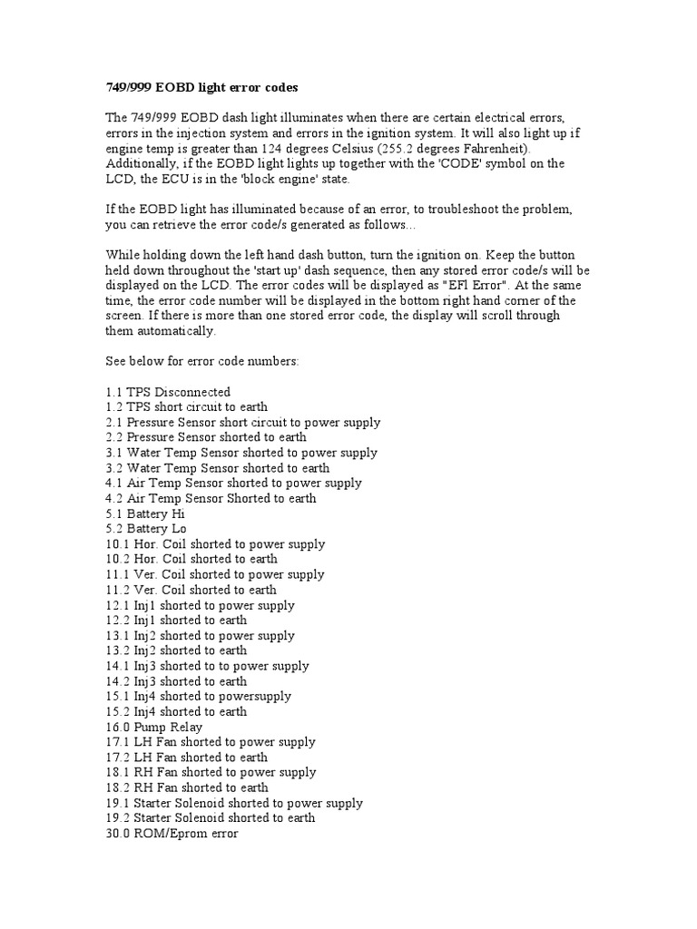 999 EOBD Error Codes | PDF | Home & Garden | Computers