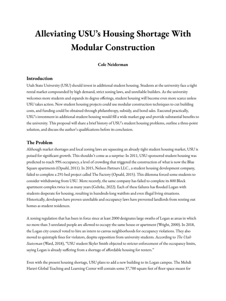 Alleviating USU's Housing Shortage With Modular Construction | PDF | Cost Of Living