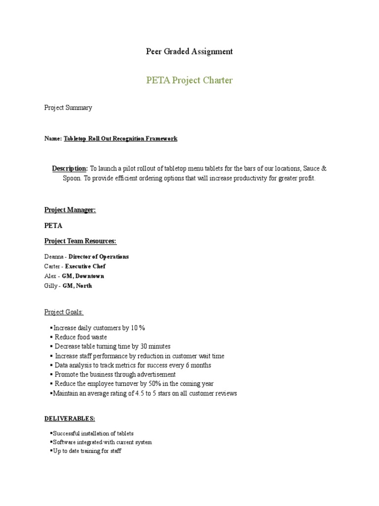 PETA Project: Tablet Menu Rollout Plan | PDF | Business