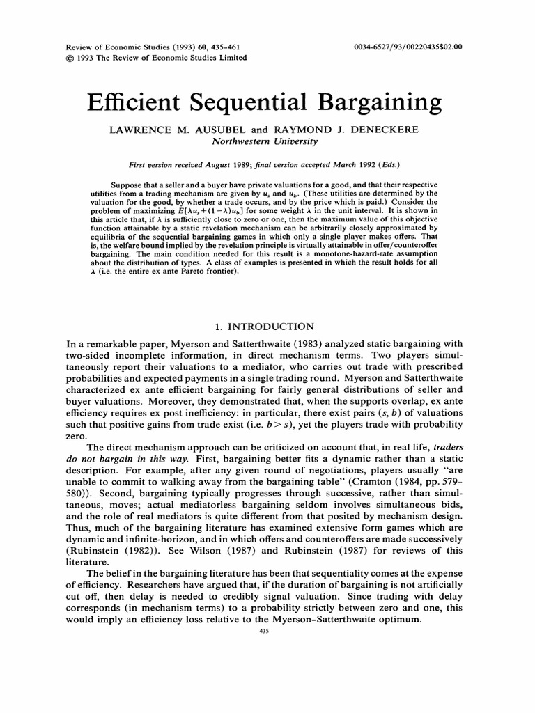 1993 - Efficient sequential bargaining - Ausubel & Deneckere | PDF