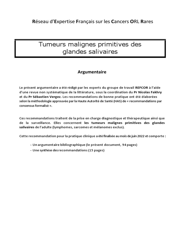 Argumentaire REFCOR Cancers Salivaires 2022 | PDF
