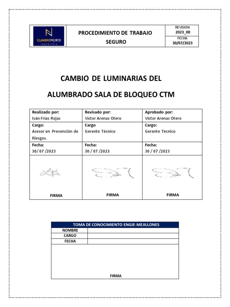 CN - SSO - OP - 008 - Procedimiento Cambio Luminaria Sala de Bloqueo CTM | PDF
