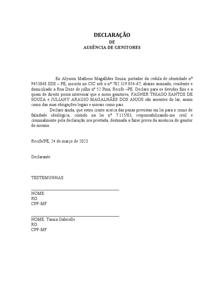 Declaração de Ausência de Genitor (Prouni Federal e Recife) | PDF