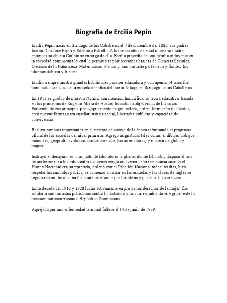 Biografía de Ercilia Pepín: Educadora y Activista | PDF