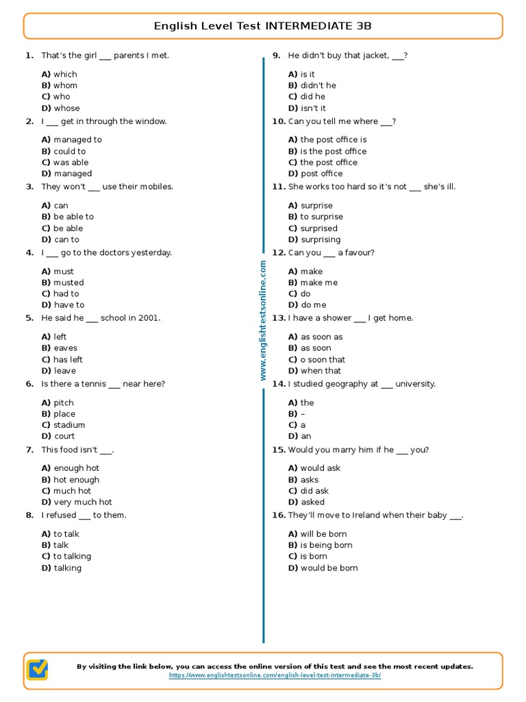 Intermediate English Level Test | PDF