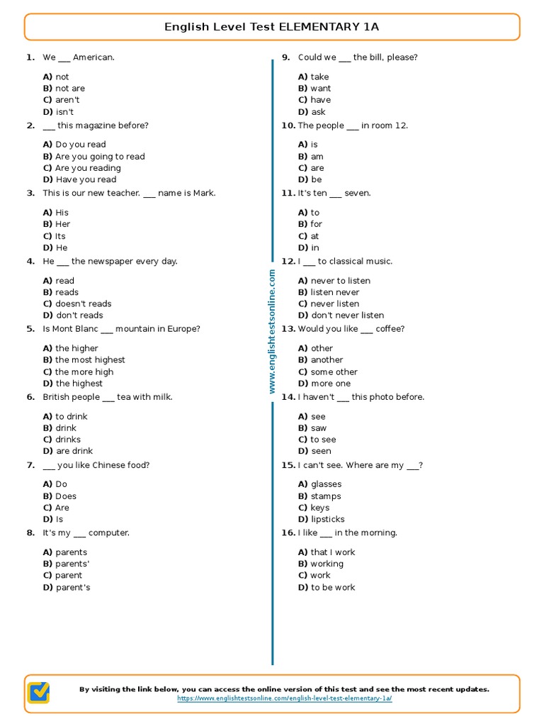 1 - English Level Test Elementary 1a | PDF