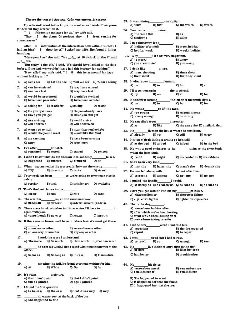 Intermediate Test - 5: Choose The Correct Answer. Only One Answer Is ...