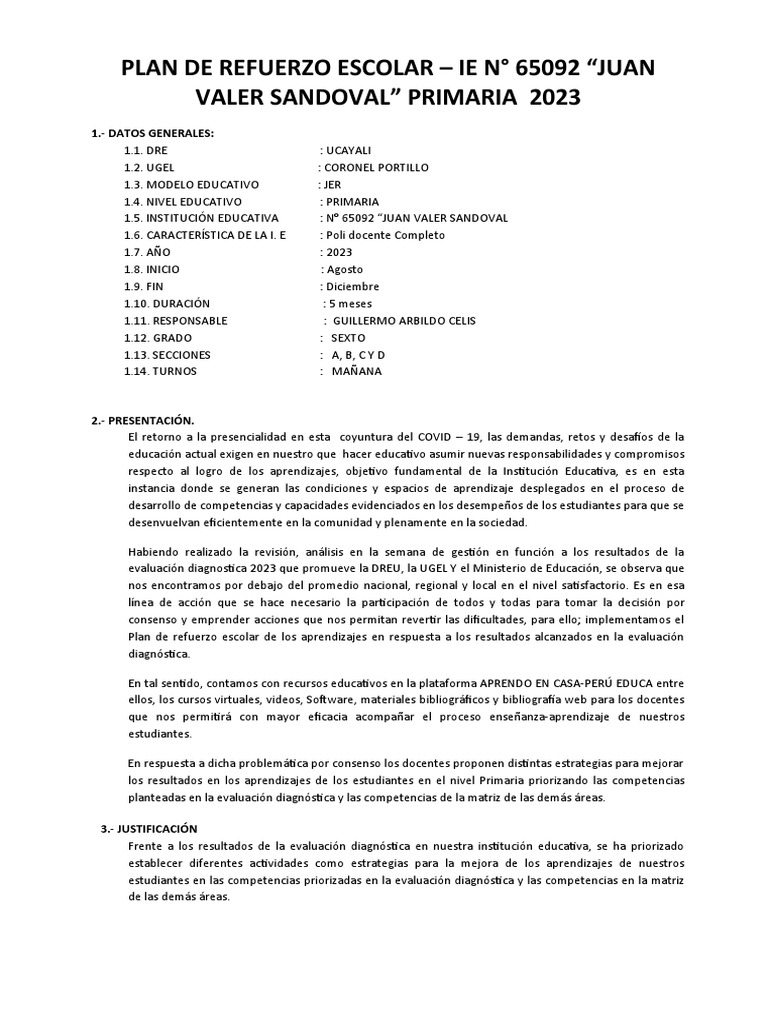 Plan de Refuerzo Escolar 2023 Modificado | PDF | Evaluación | Educación primaria