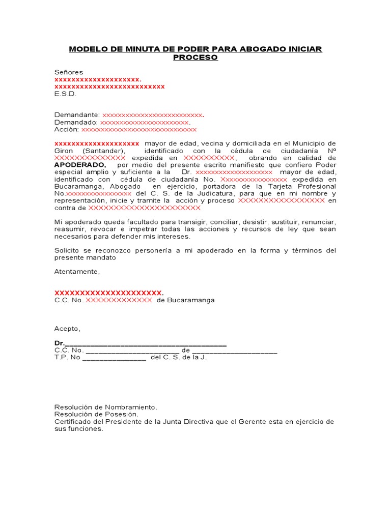 Modelo de Minuta de Poder para Abogado Iniciar Proceso | PDF