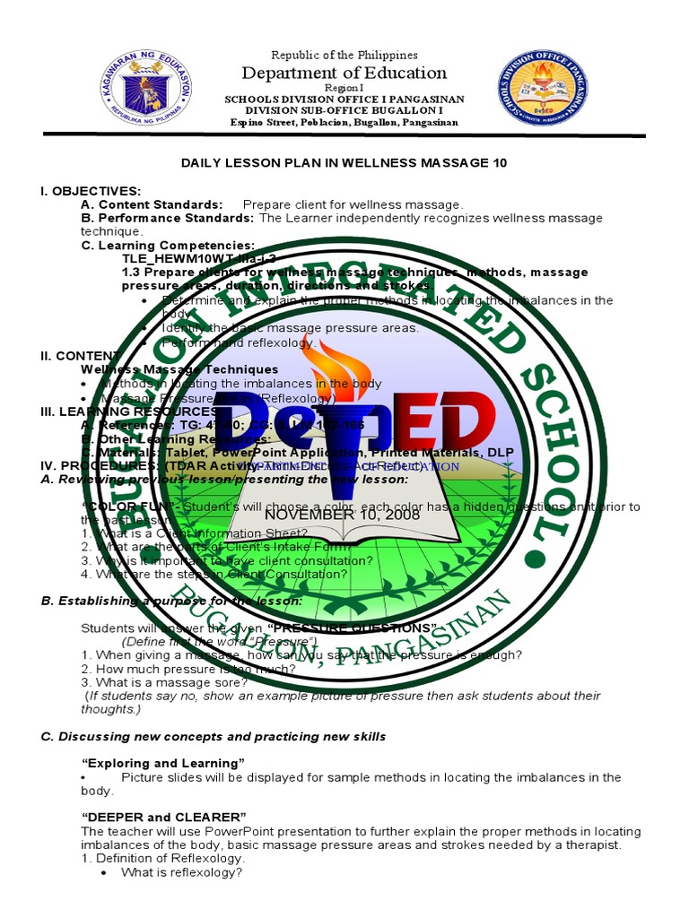 DLP For Demo Cot 1 2023 Vanessa de Guzman | PDF | Massage | Reflexology