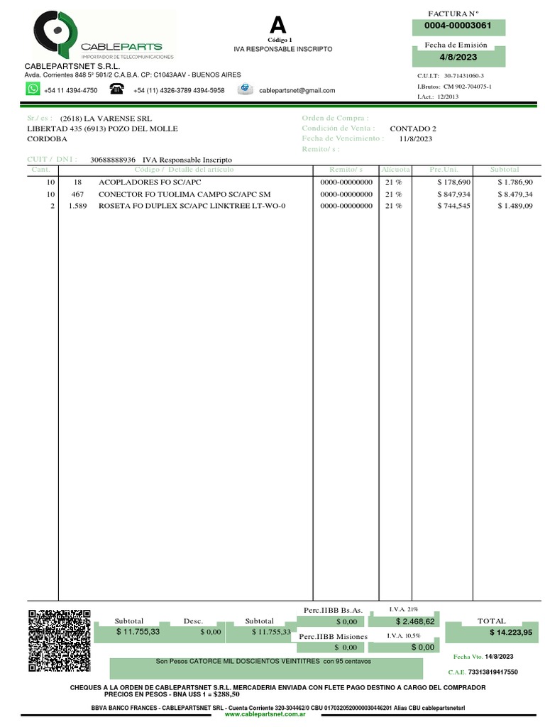 Facturas A0004-00003061 La Varense SRL | PDF