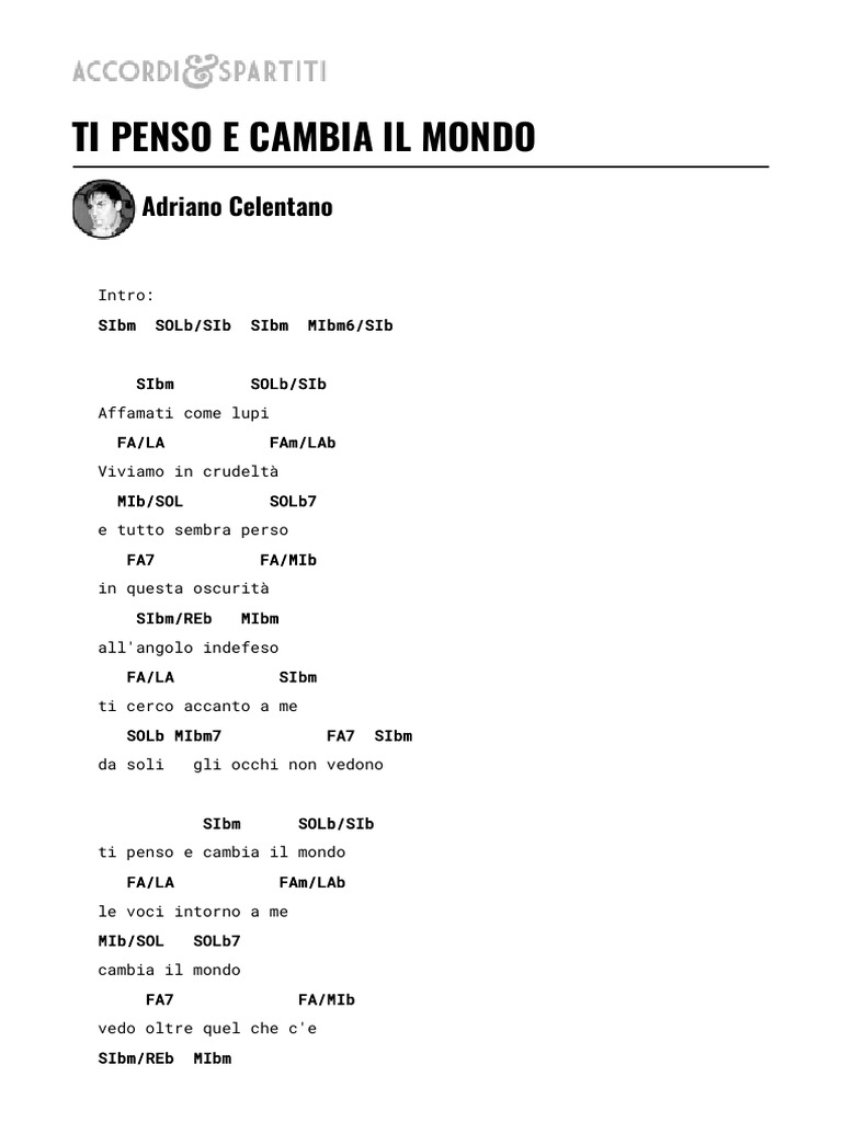 Ti Penso e Cambia Il Mondo (Parole e Accordi) - (Adriano Celentano) | PDF