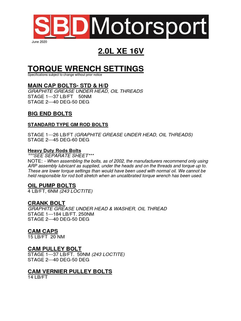 2-0L XE 16V Torque Settings | PDF
