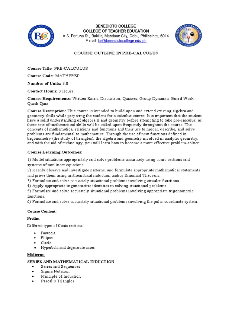 Course Outline in Pre-Calculus | PDF | Function (Mathematics) | Mathematics