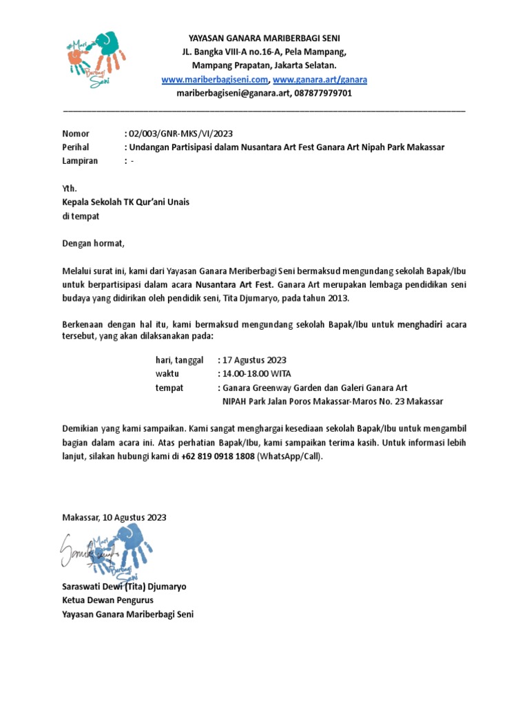 02.undangan Ganara Nusantara Art Fest - TK Qur'ani Unais | PDF