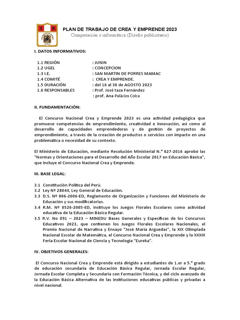 Plan de Trabajo Crea y Emprende | PDF