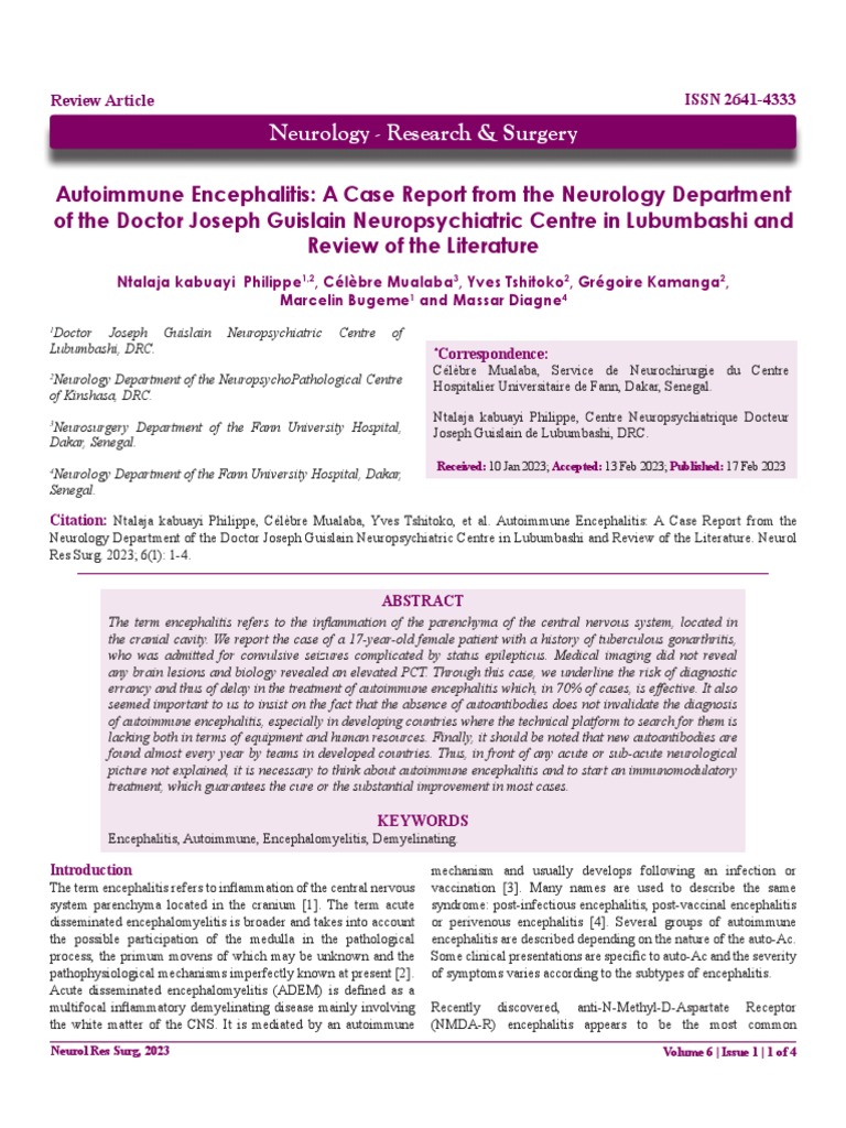 Autoimmune Encephalitis A Case Report From The Neurology Department of ...