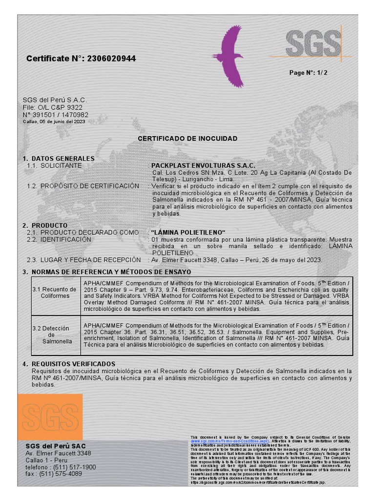 Certificado de Analisis Microbiologico - LAMINA POLIETILENO | PDF ...