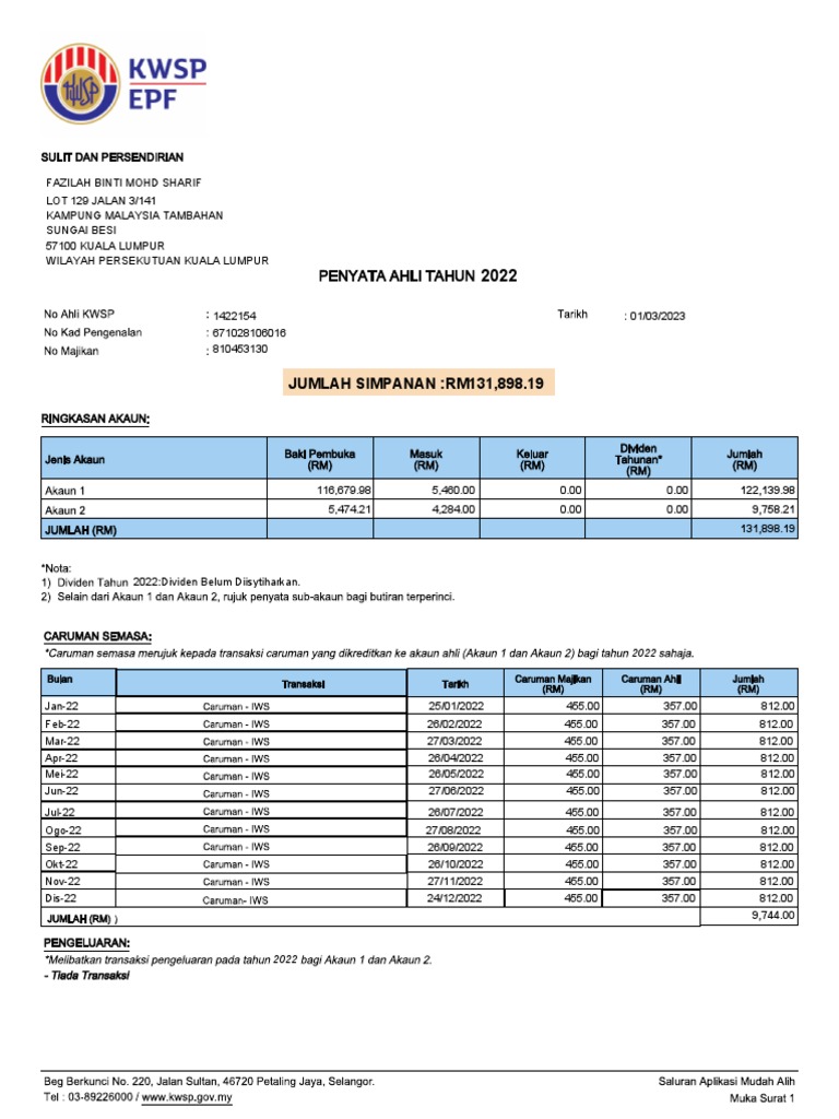 Statement KWSP 2022 FAZILAH | PDF