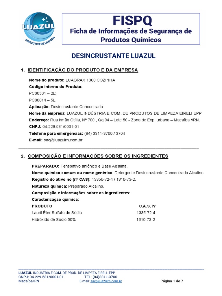 FISPQ Desincrustante LUAGRAX 1000 | PDF | Bem-estar