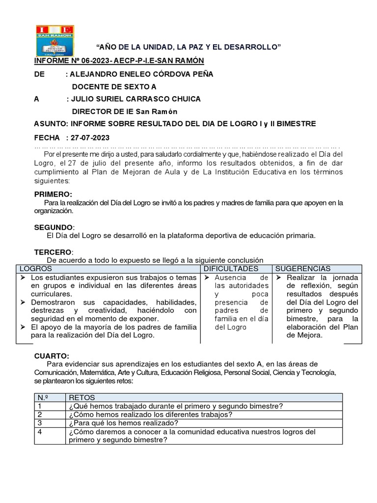 Informe Del Dia de Logro Quinto A | PDF