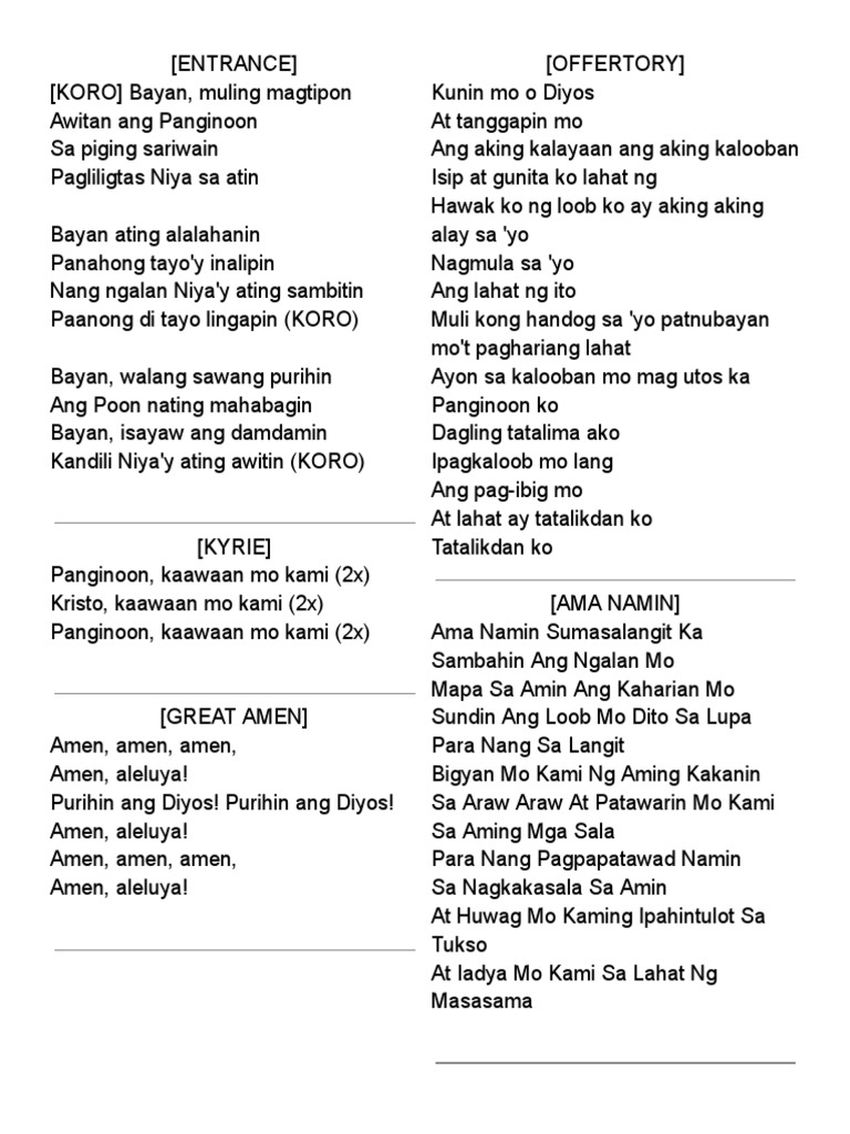 Mga Awit Sa Misa Ng Katoliko Tagalog