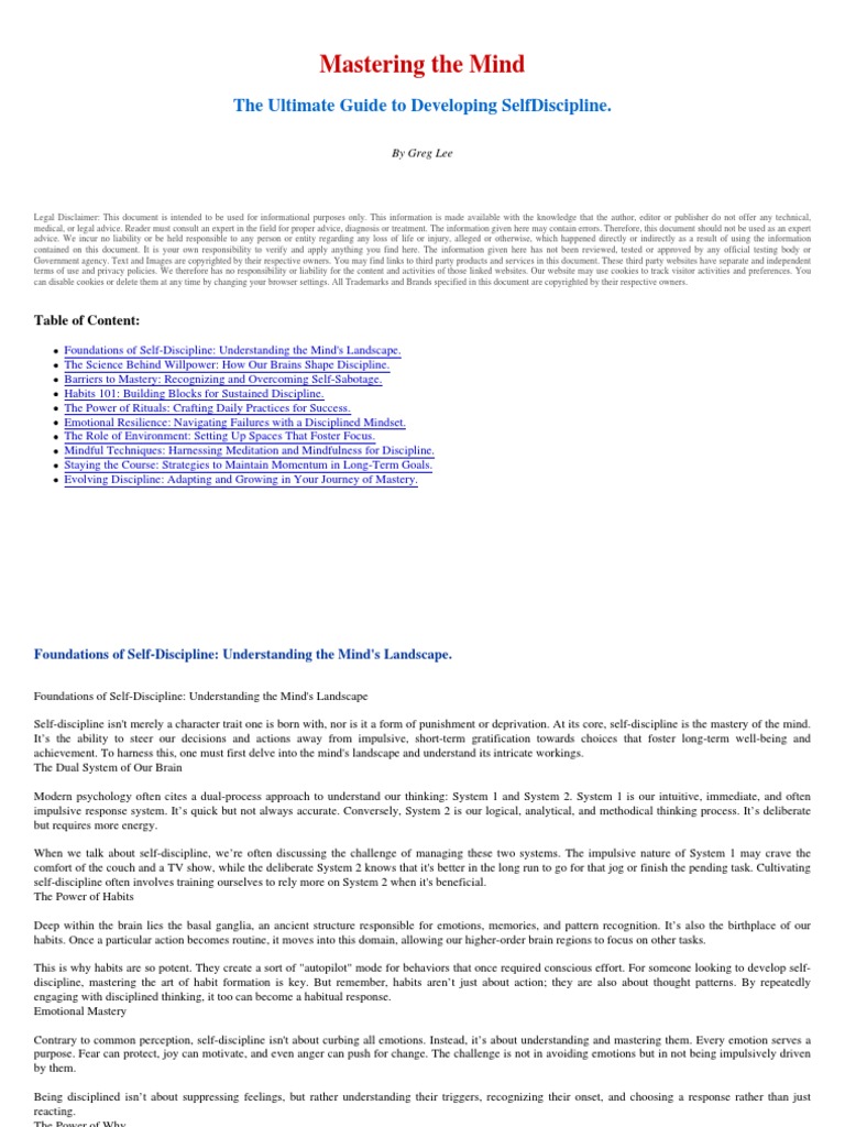Mastering The Mind | PDF | Disciplines | Self-Management