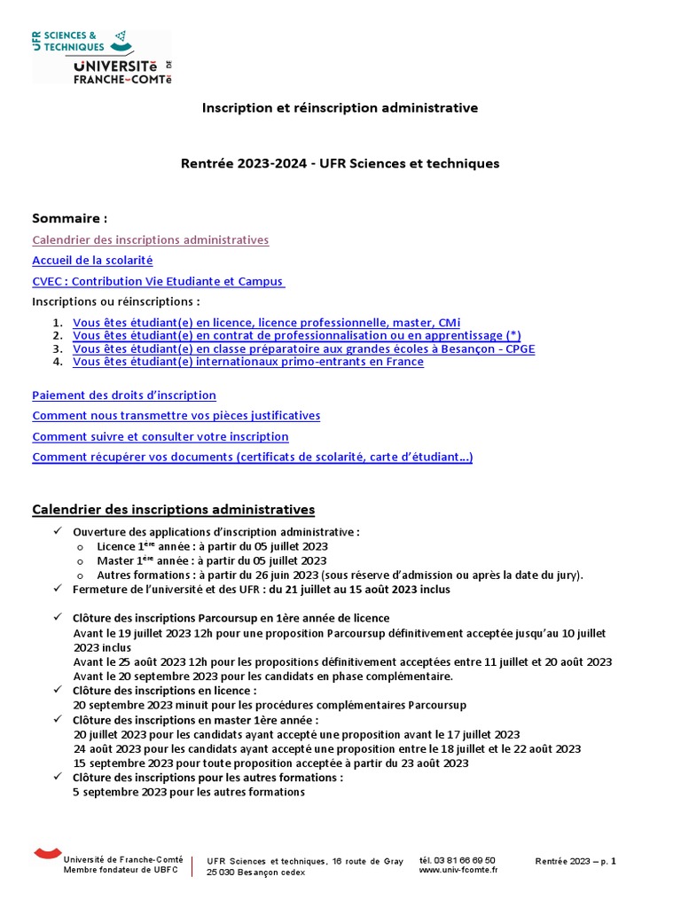 Informations Rentree 2023-2024 UFR ST | PDF
