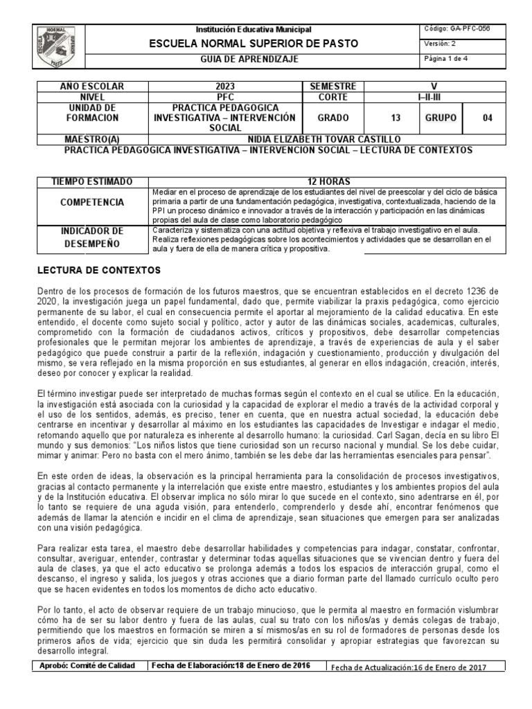GUIA 002 PPI LECTURA DE CONTEXTOS - Intervención Social PFC - 13-04 - A - 2023, CC | PDF