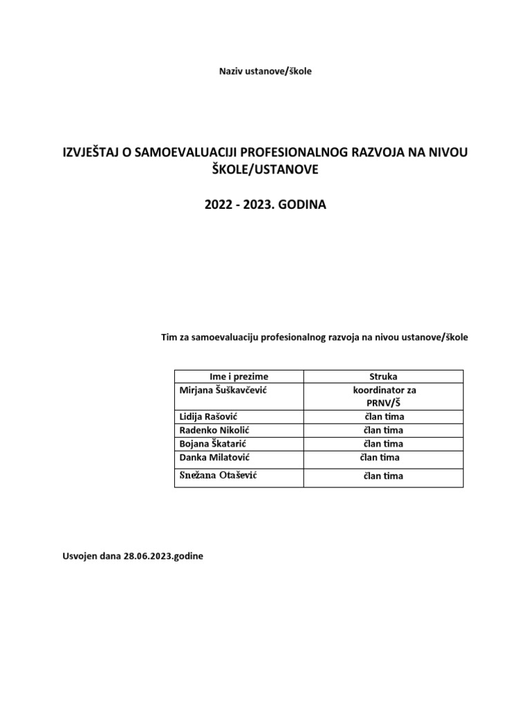Obrazac - Izvještaj o Samoevaluaciji-Final | PDF
