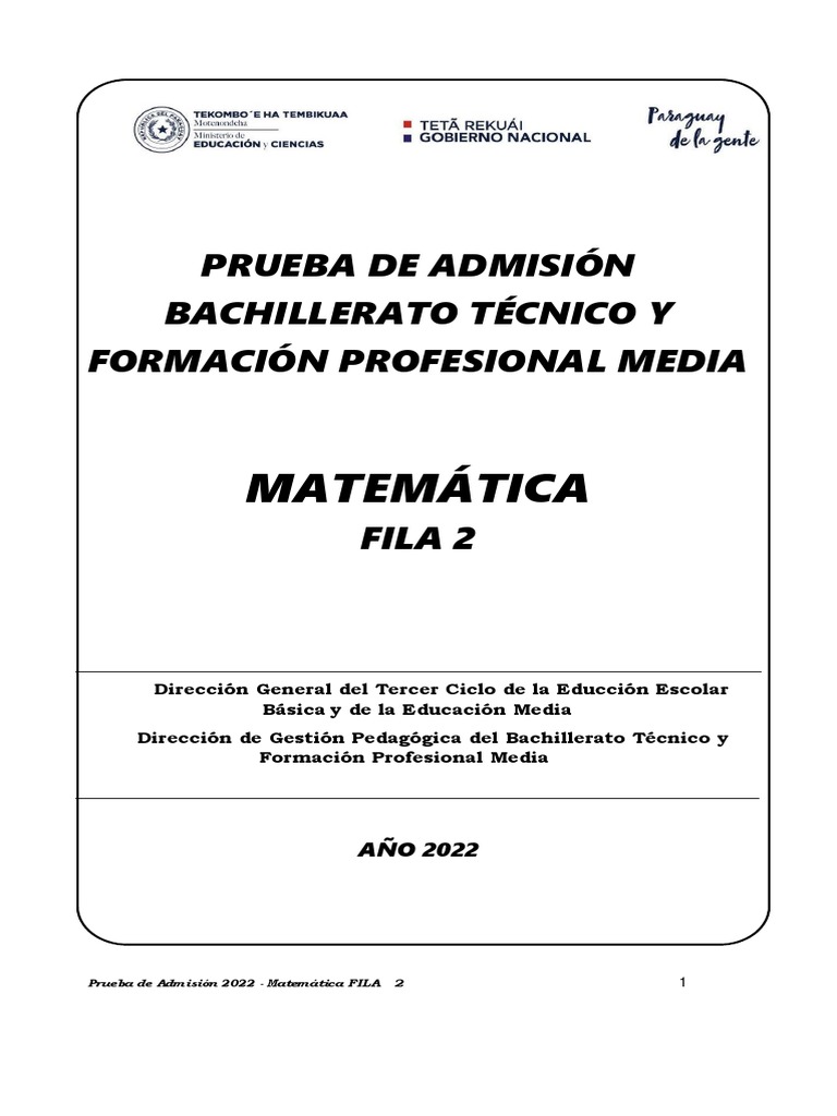 Prueba - Admision - Matematica - Fila 2 - 2022 | PDF