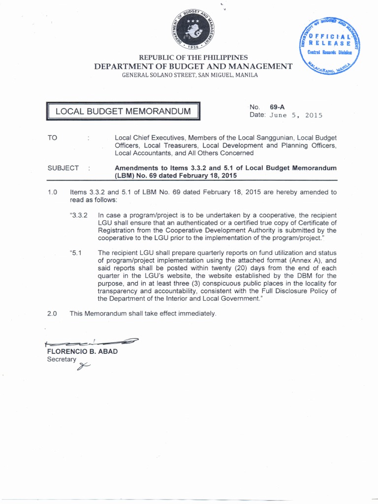 Local Budget Memorandum No 69 A | PDF