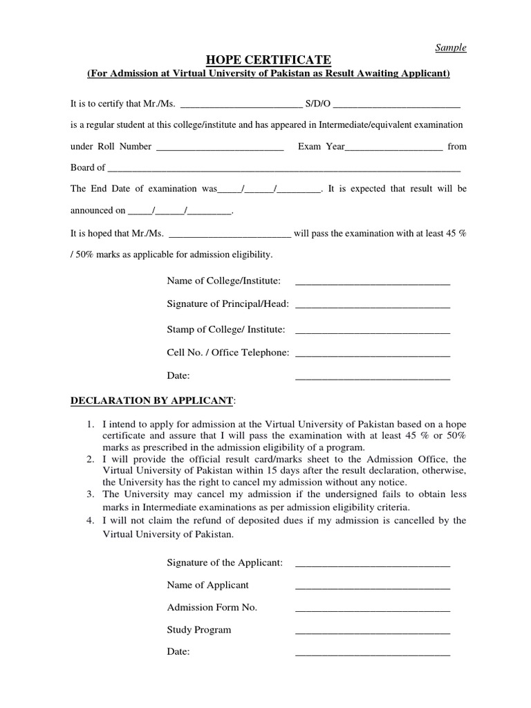 Hope Certificate | PDF | University And College Admission | Educational Stages