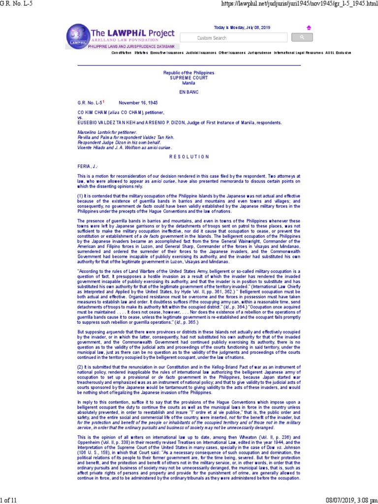 Co Kim Cham v. Valdez Tan Keh (G.R. No. L-5a, November 16, 1945) | PDF | Supreme Court Of The ...