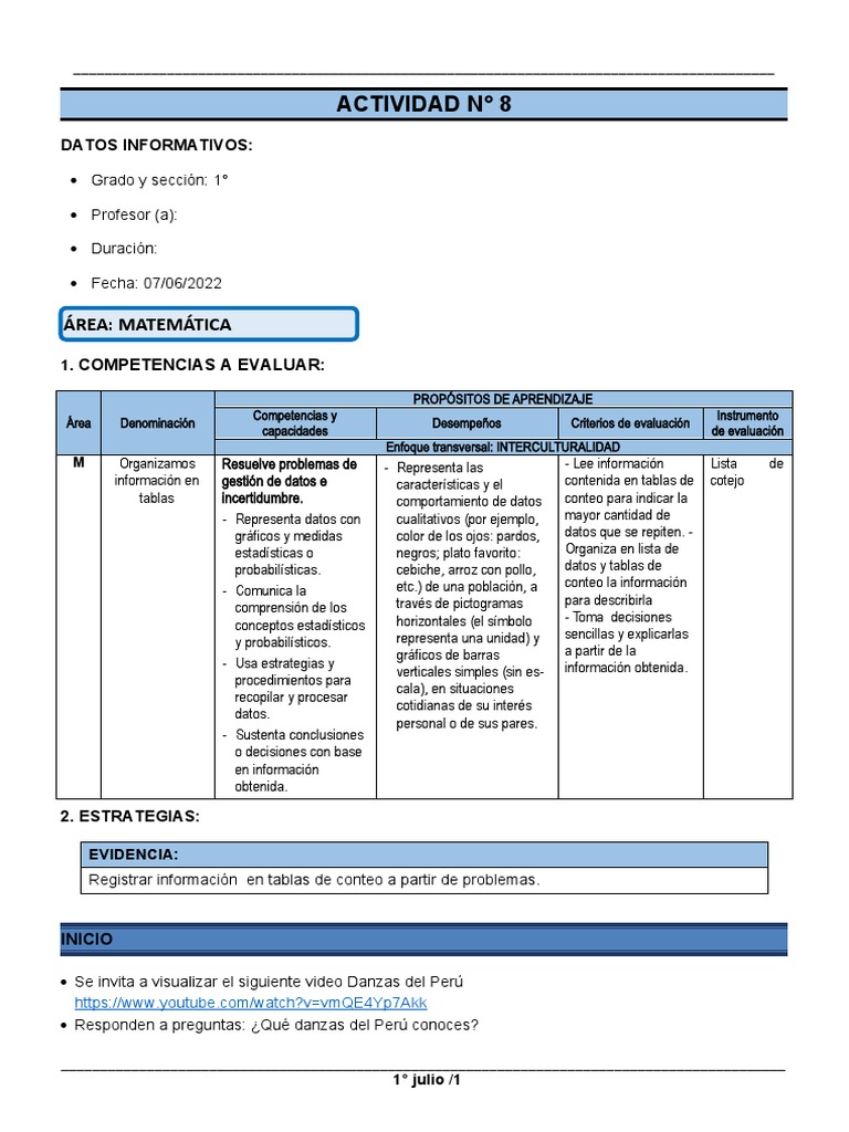 Evaluación de Datos en Matemáticas 1° Grado | PDF | Francisco Pizarro ...
