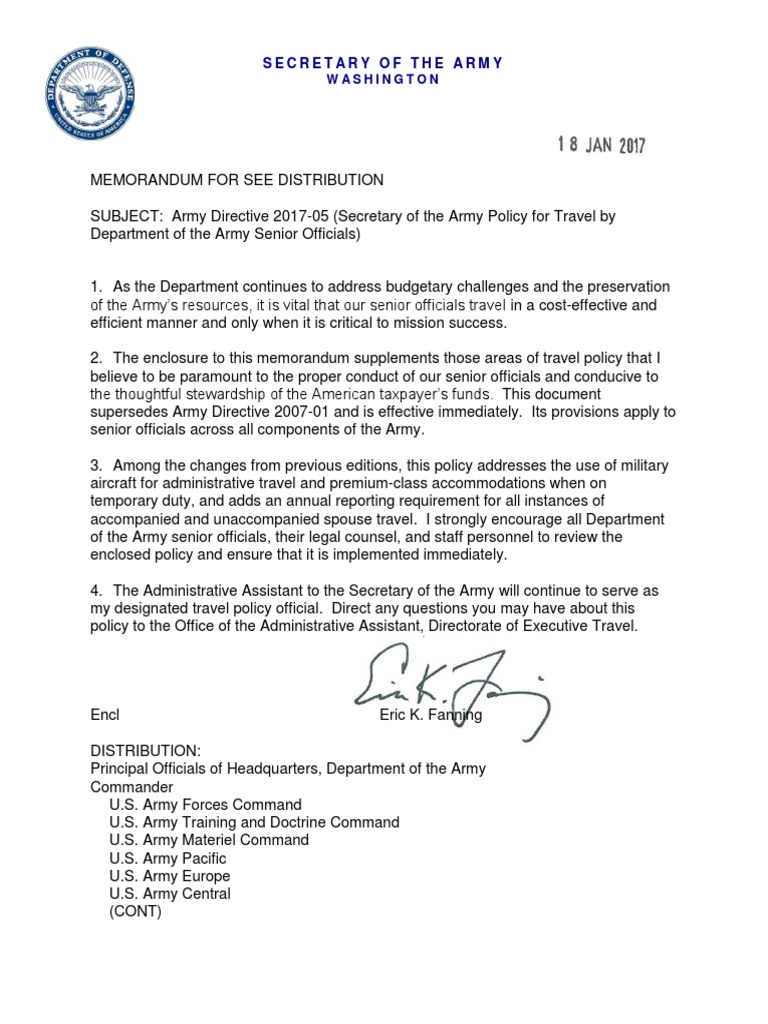 AD 2017-05 Army Policy For Travel of Senior Officialsj | PDF