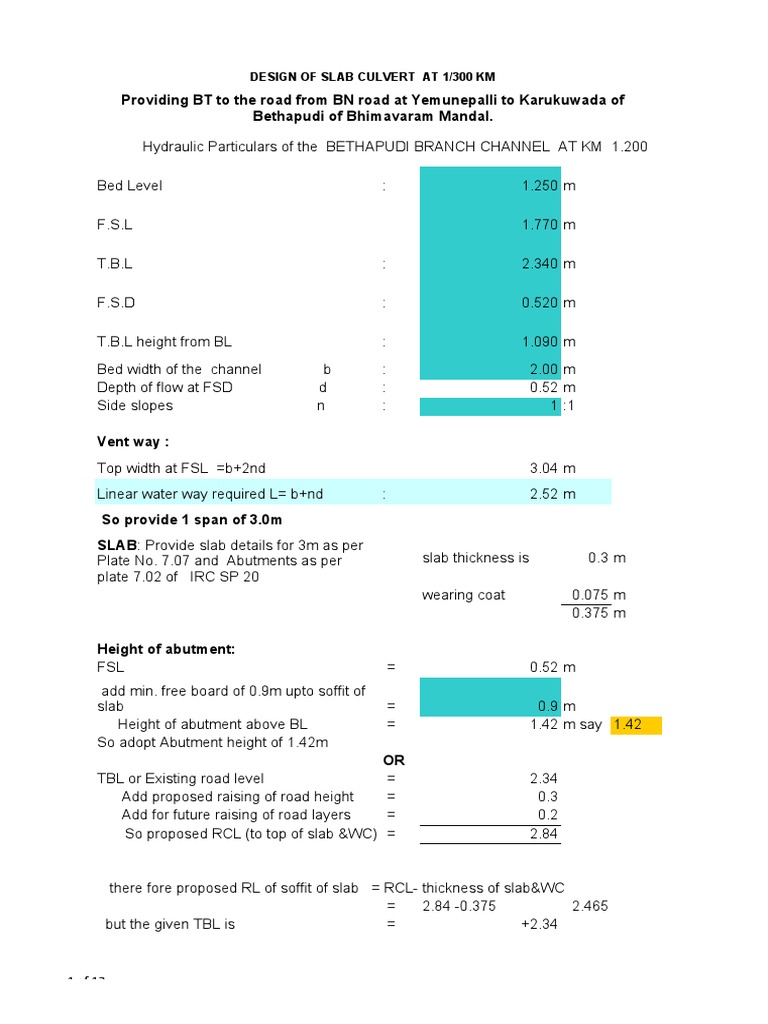 3m Span Slab Culvert Design Details | PDF