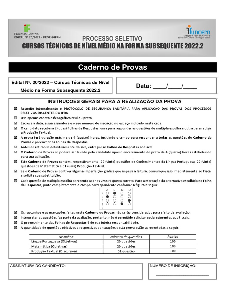 Caderno de Provas - Tecnico Subsequente 2022.2 | PDF