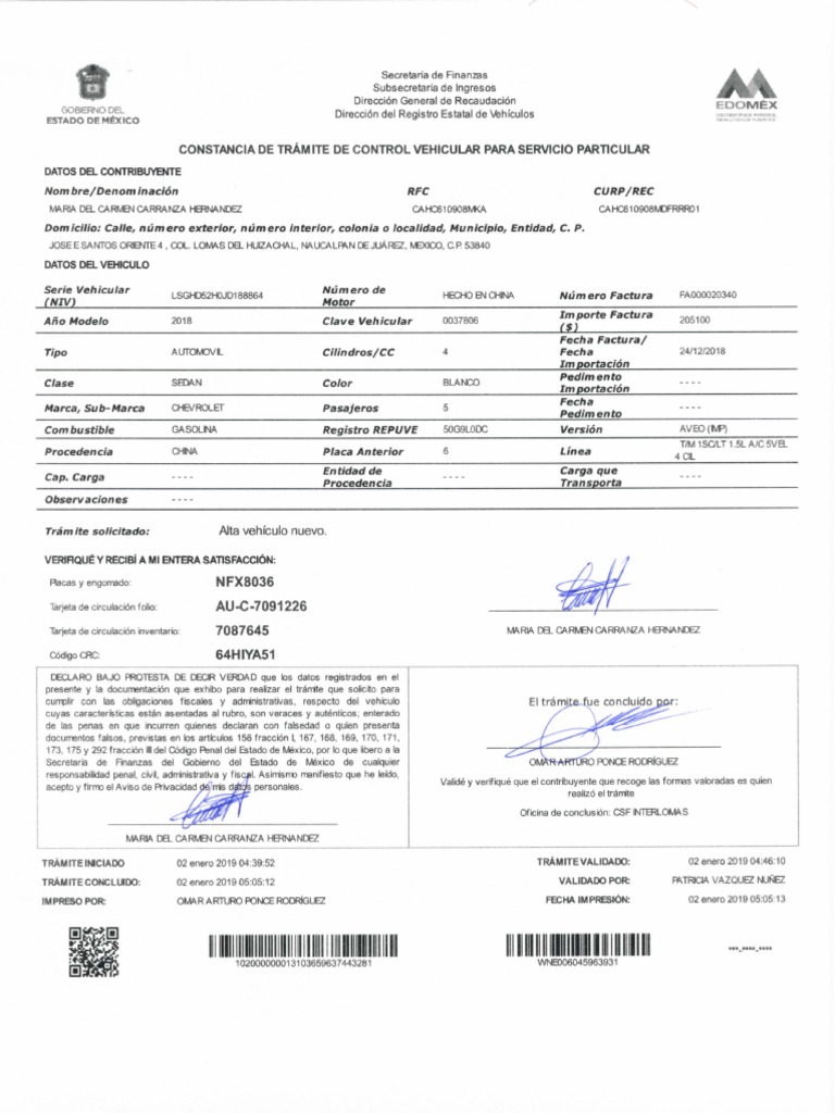 Constancia de Tramite de Control Vehicular para Servicio Particular | PDF