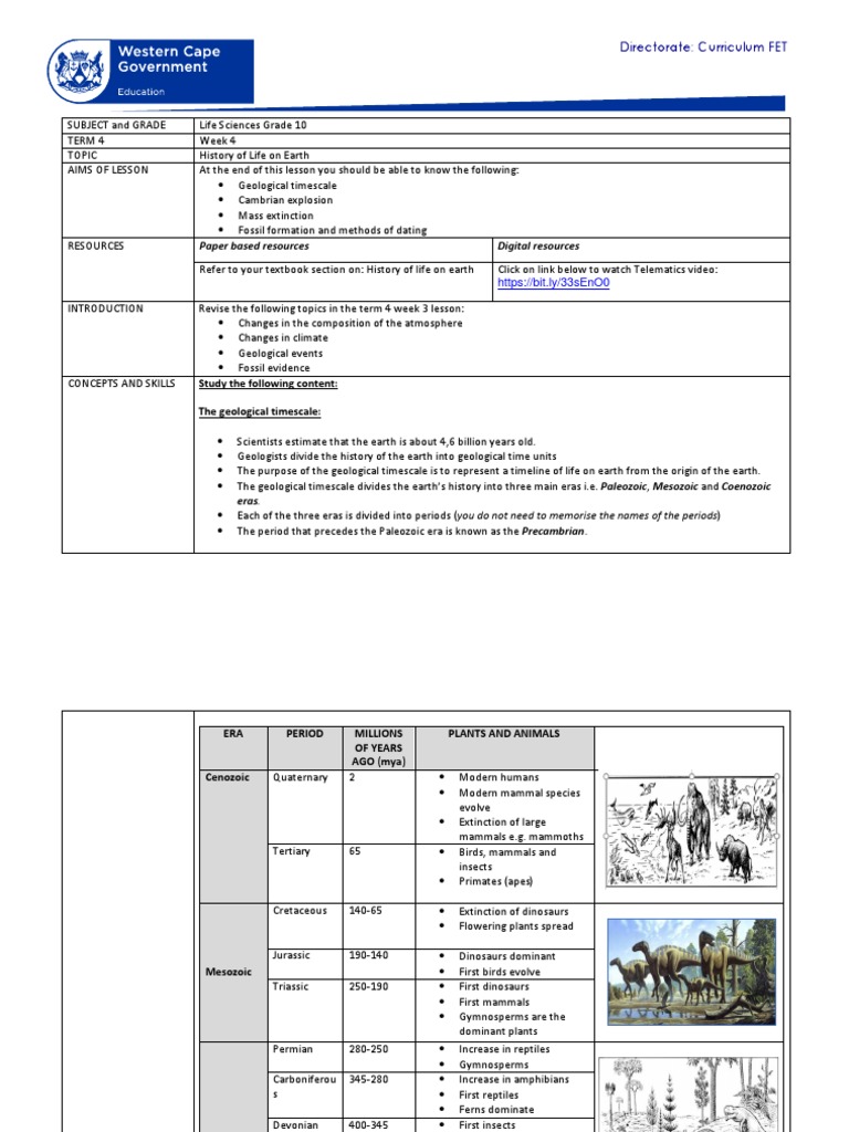 LFSC Grade 10 History of Life on earth Term 3 Week 4_Lesson_Plan | PDF