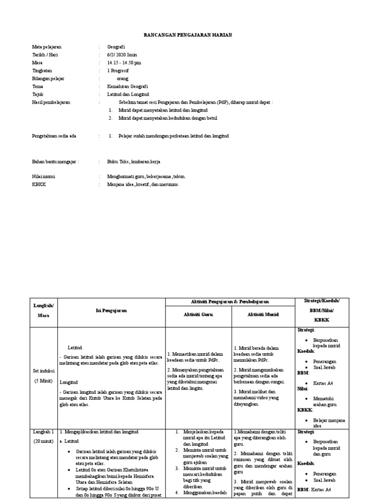 Contoh RPH GEO TINGKATAN 1 | PDF