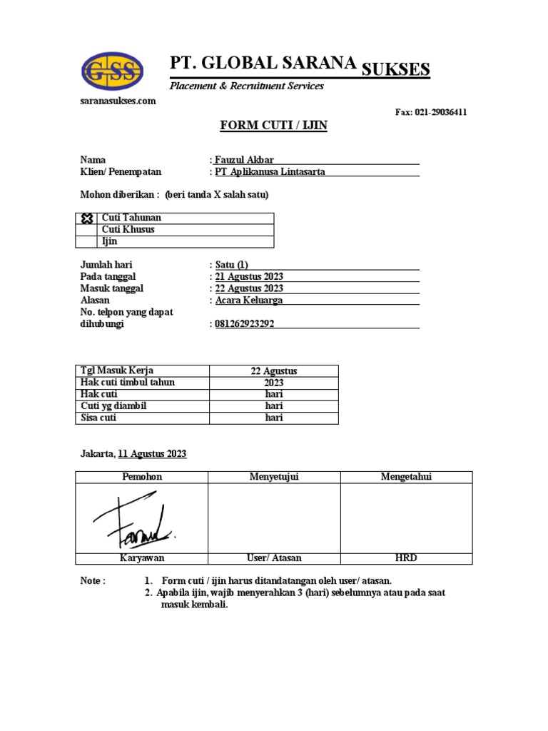 Formulir Cuti Karyawan PT Global Sarana | PDF