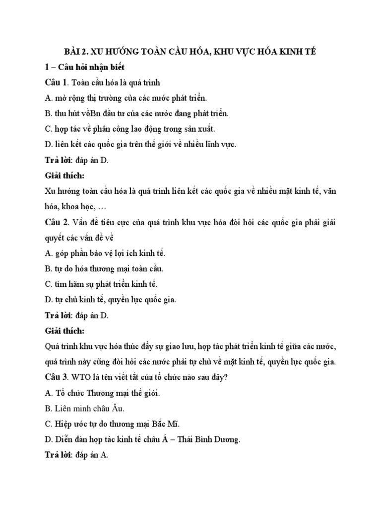 Trac Nghiem Dia Li 11 Bai 2 Co Dap An Xu Huong Toan Cau Hoa Khu Vuc Ho | PDF