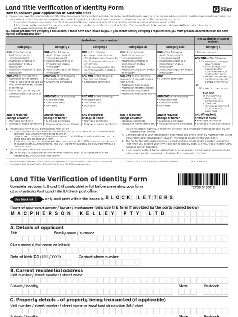 Aust Post Land Title Identity Verification Form (3460-1651-6113 - 1) | PDF Aust Post Land Title Identity Verification Form (3460-1651-6113 - 1) | PDF