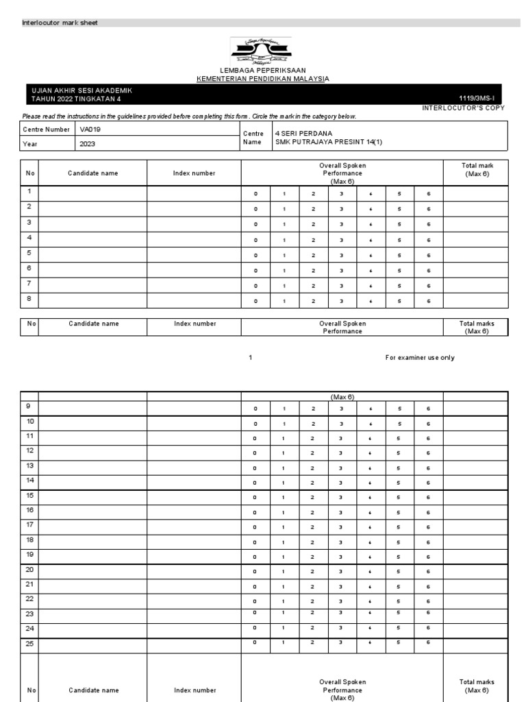 FORM 4 SPEAKING MARK SHEET UJIAN AKHIR SESI AKADEMIK 2022 | PDF