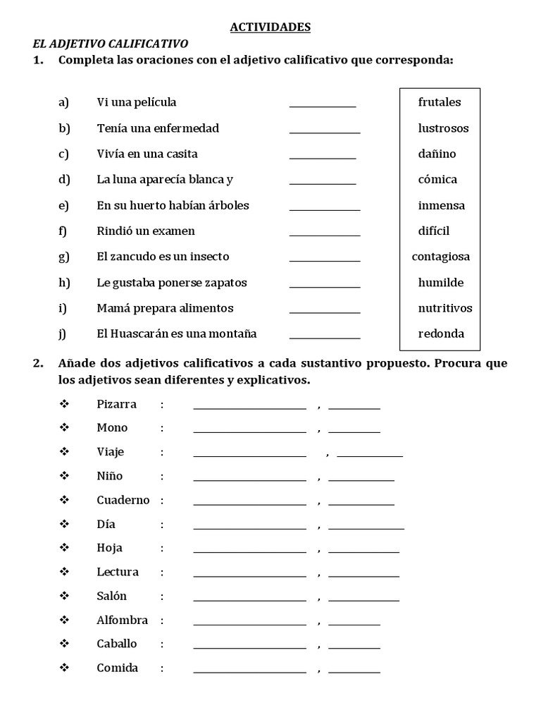 Actividades de Adjetivos Calificativos | PDF | Estudios de idiomas ...
